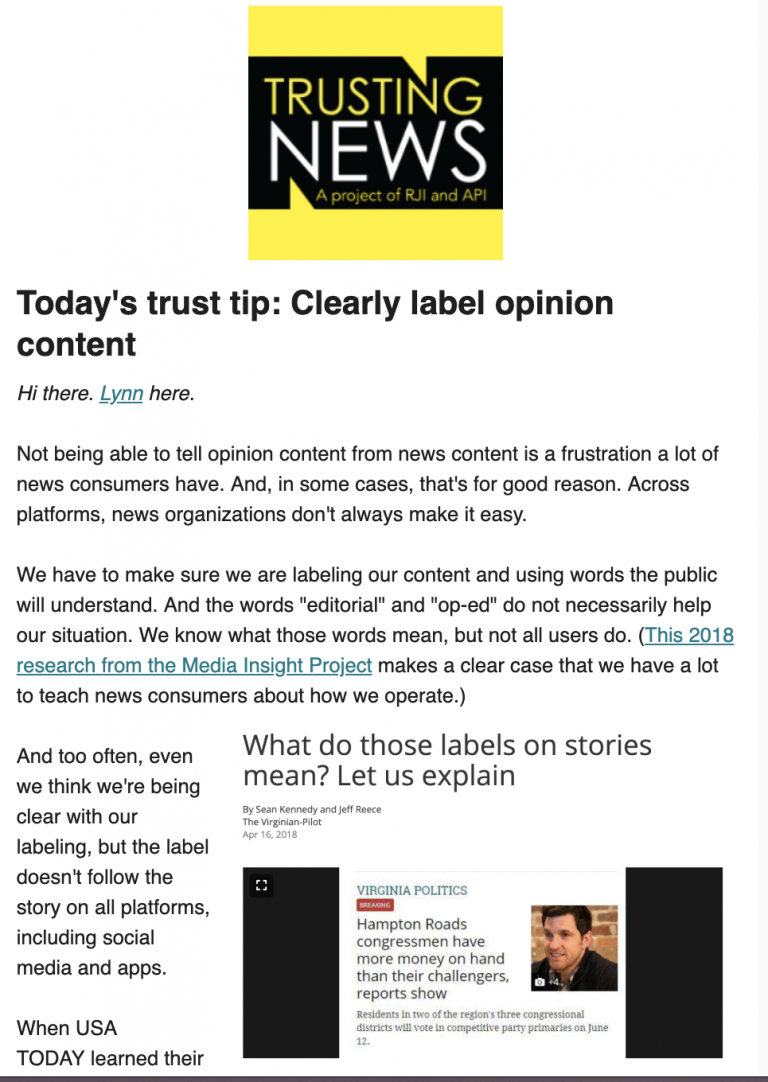 Today's trust tip: Clearly label opinion content - Trusting News