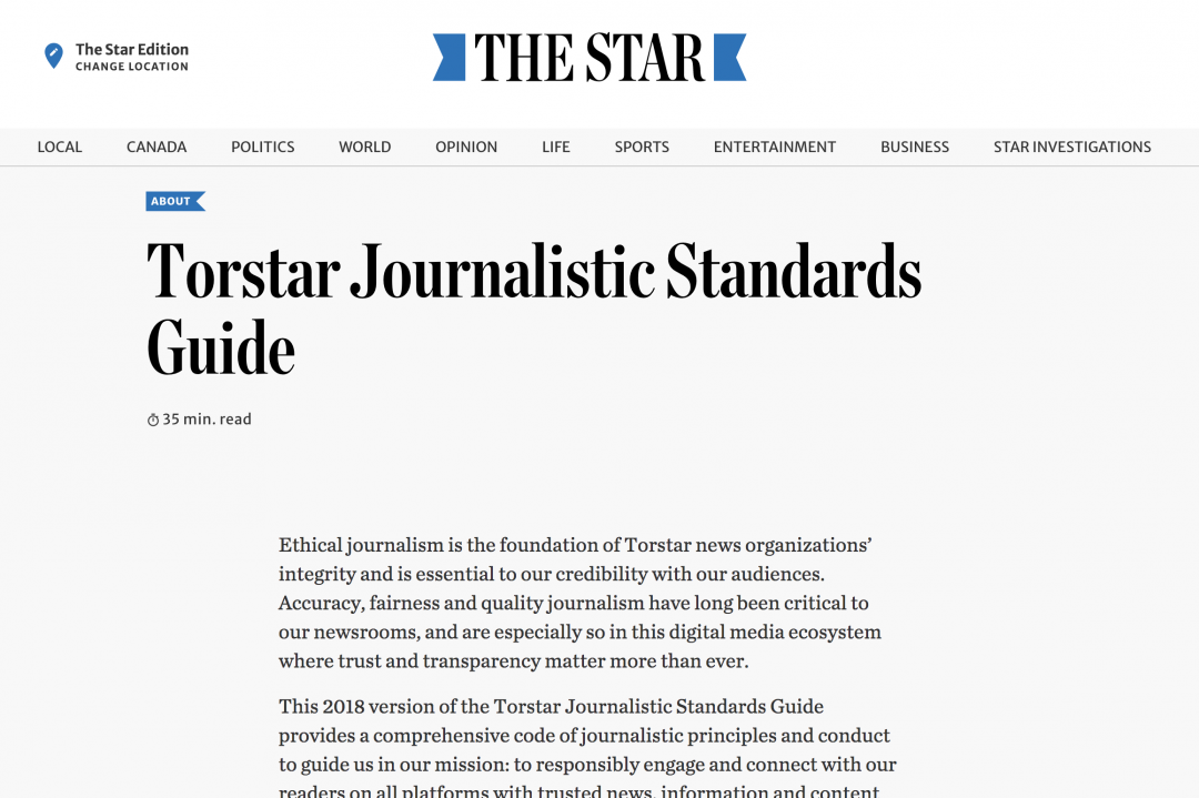 Torstar posts standards guide - Trusting News